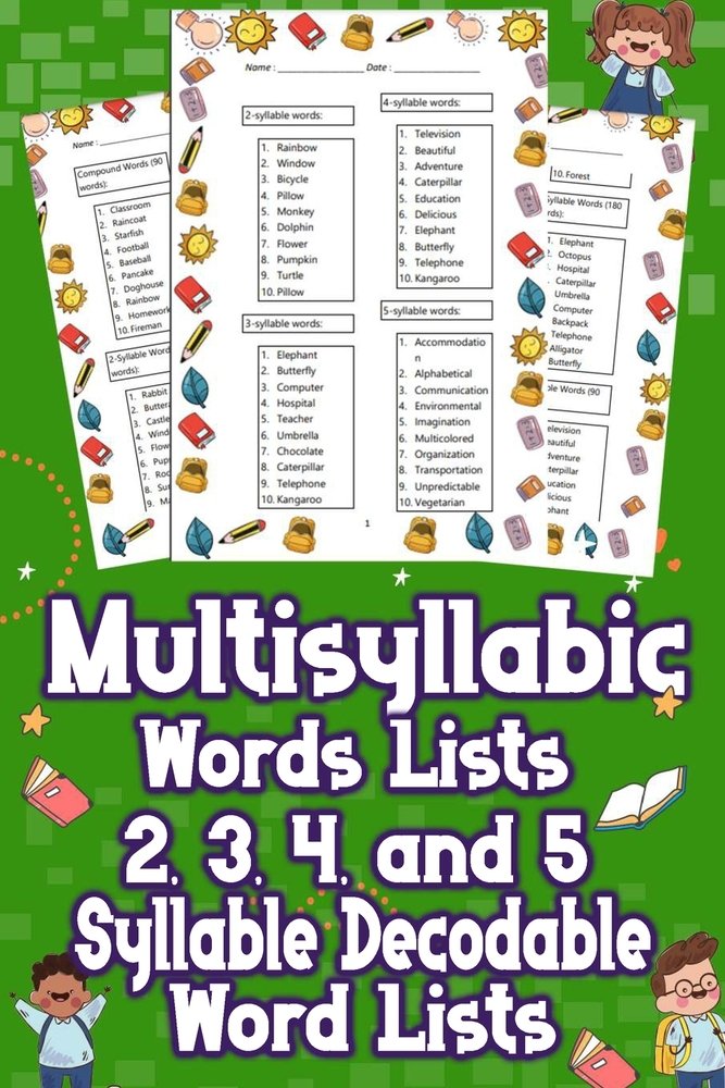Multisyllabic Words Lists 2, 3, 4, and 5 Syllable Decodable Word Lists ...
